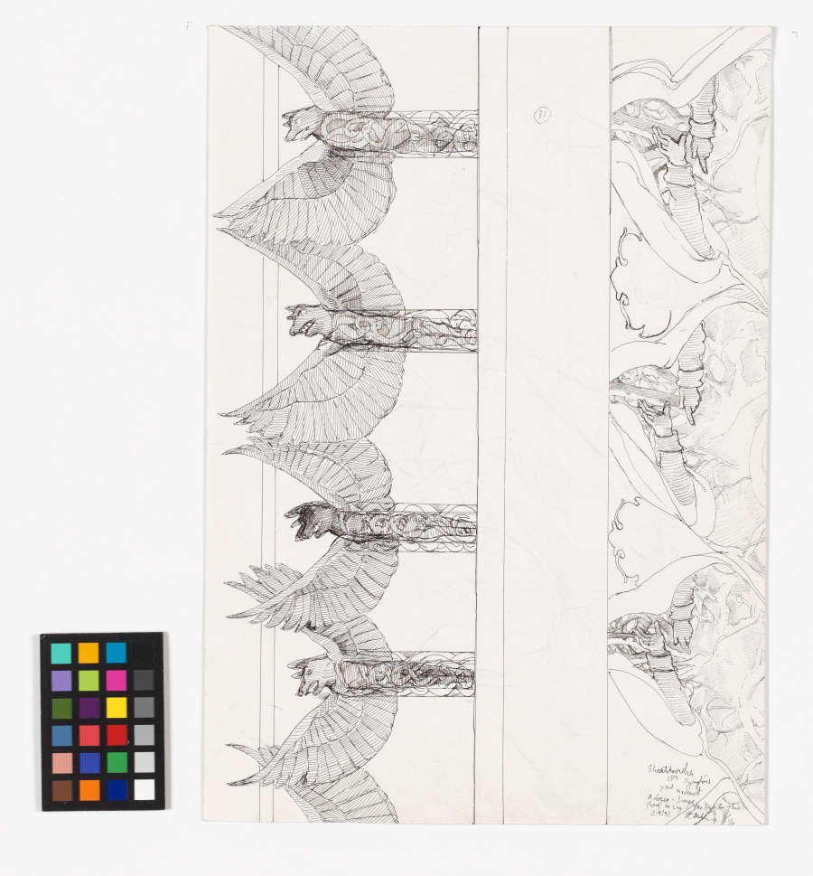 #31; verso: decorated architectural motifs of winged jackal columns and ...