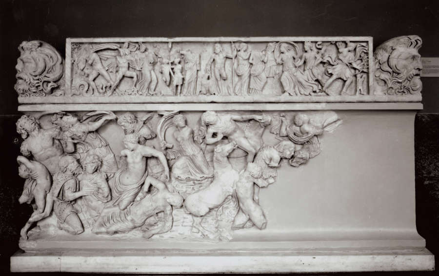 Fragmentary sarcophagus front and lid depicting The Slaughter of the ...